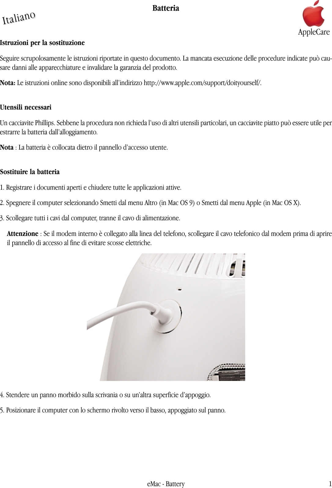 Apple EMac Battery User Manual E Mac Batteria Istruzioni Per La ...