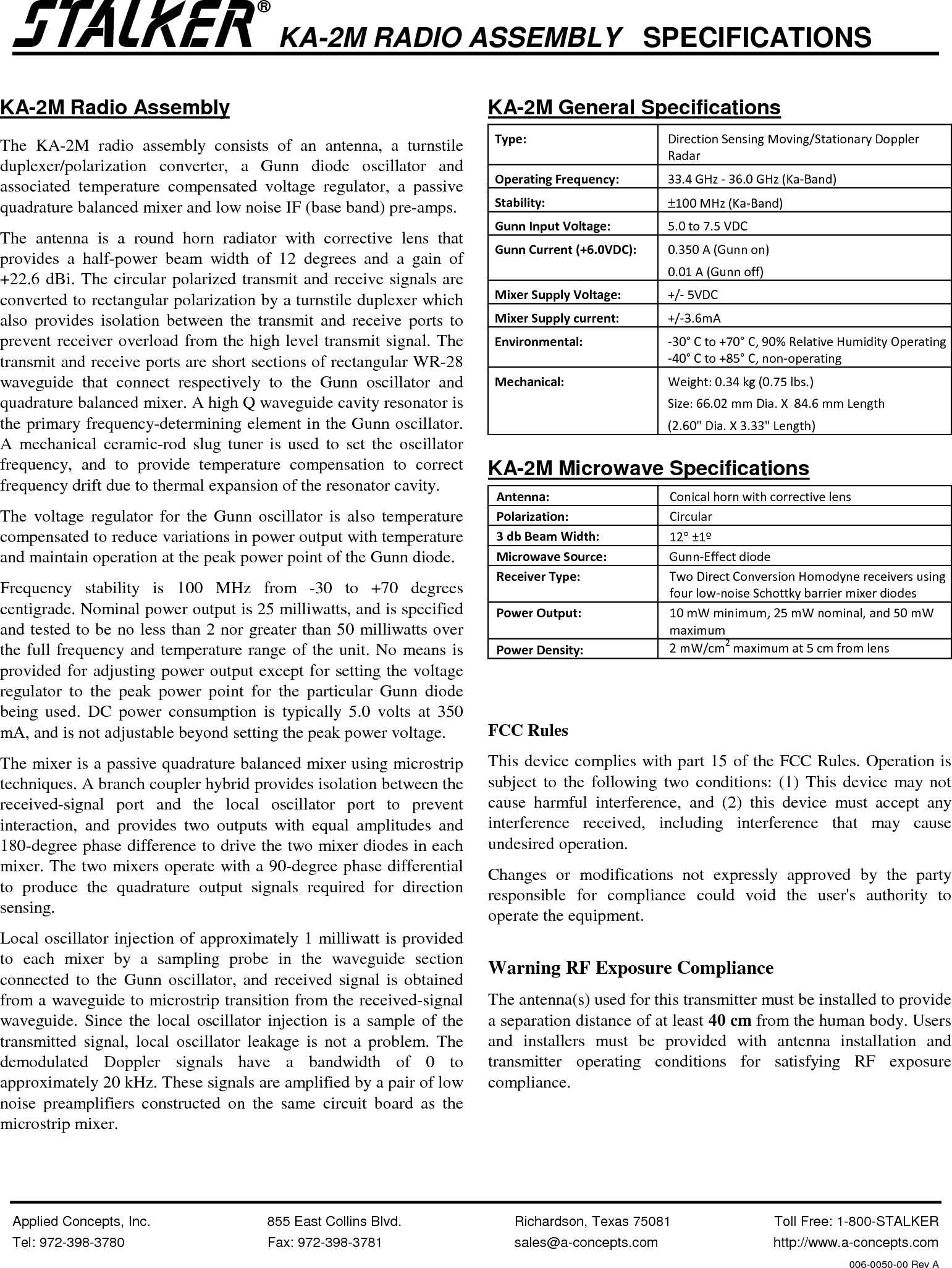 Applied Concepts ACMI008 Stalker KA Band Radar User Manual