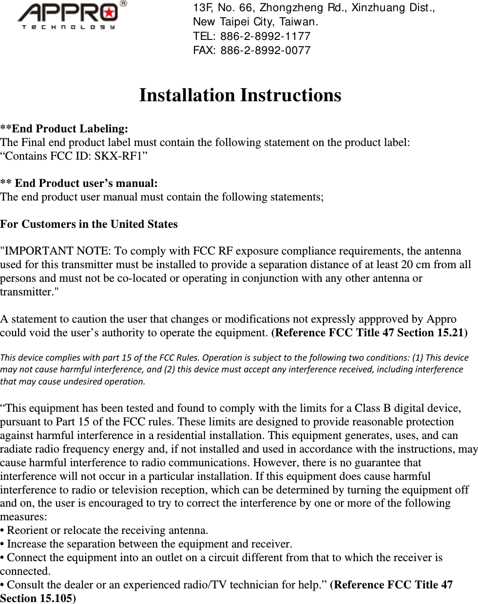 Appro Technology RF1 802.11bgn WLAN module User Manual