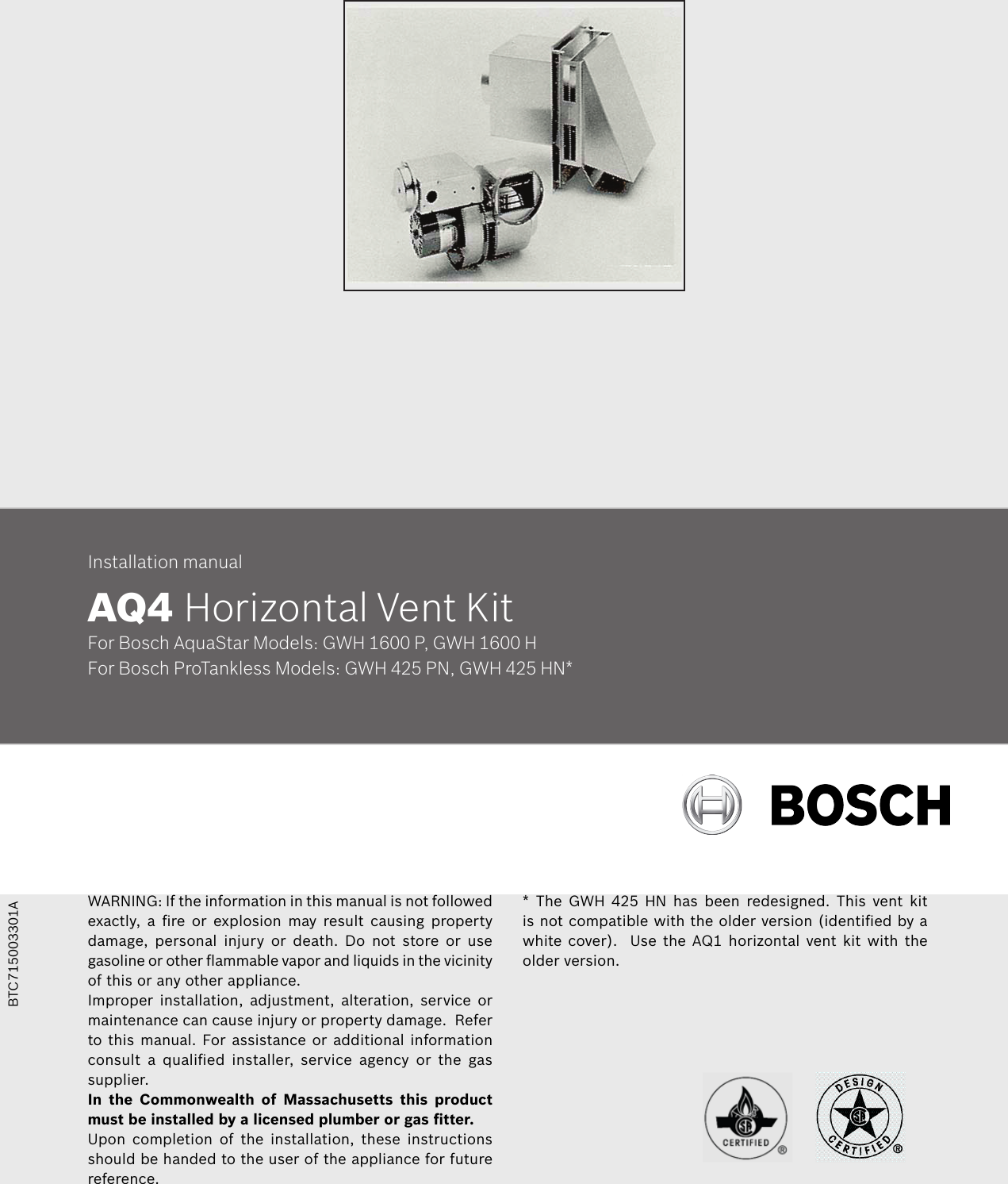 Aquastar Horizontal Vent Kit Aq4 Users Manual