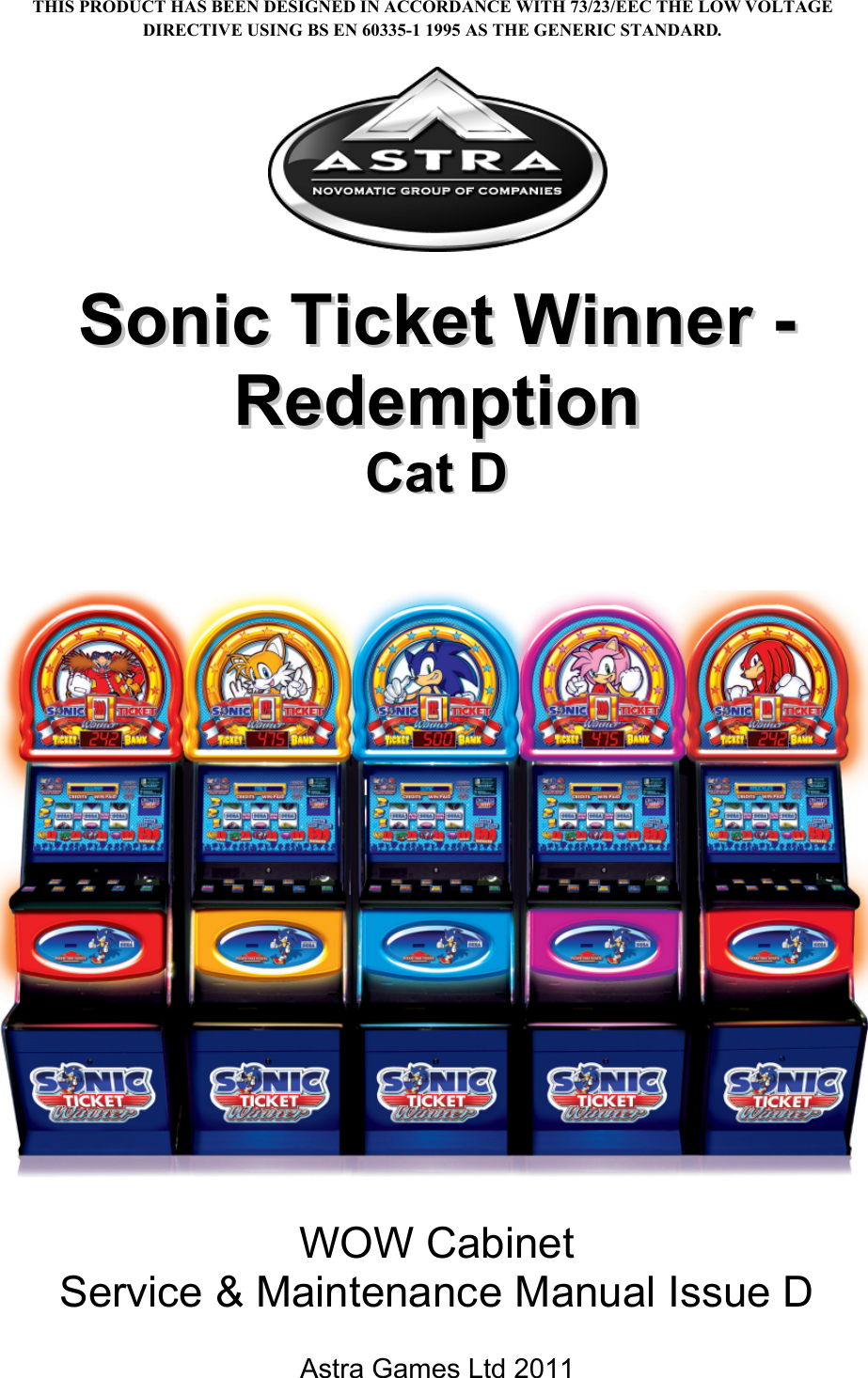 Arcade Sonic Ticket Winner Manual Series Redemption User