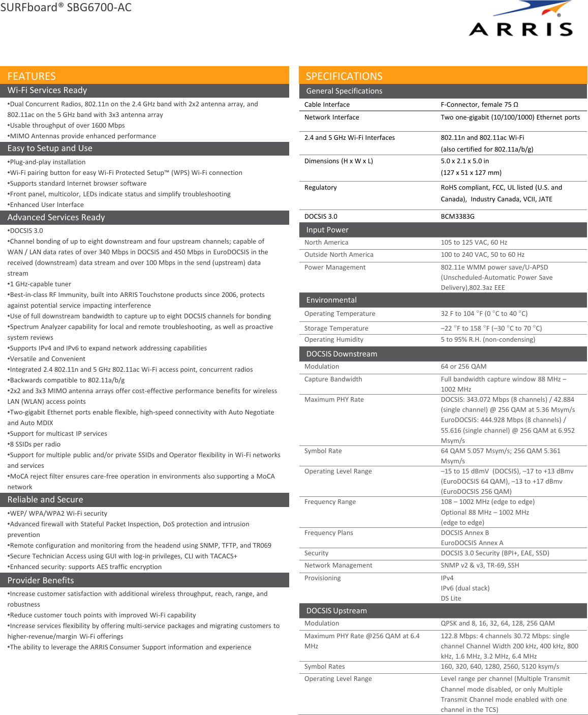 Arris SBG6700 AC 1 User Manual Specifications Data Sheet