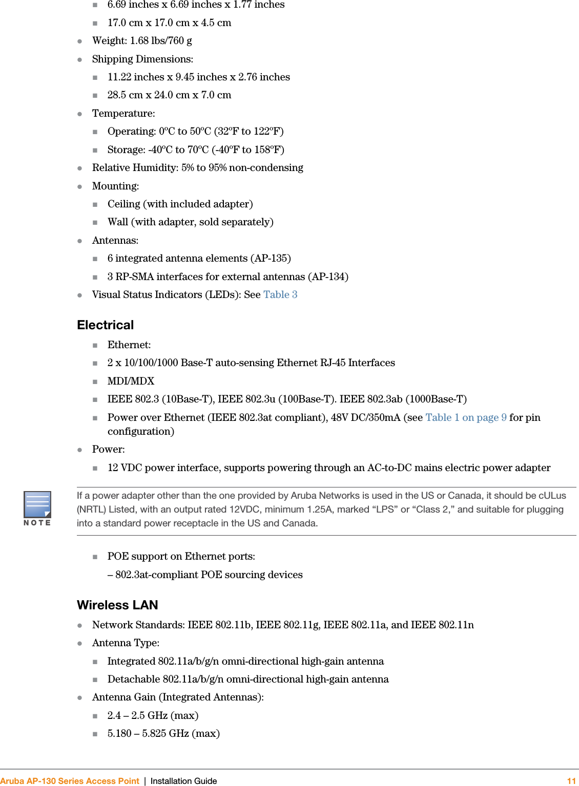 Aruba Networks AP134135 IEEE 802.11 a/b/g/n Access Point User Manual ...