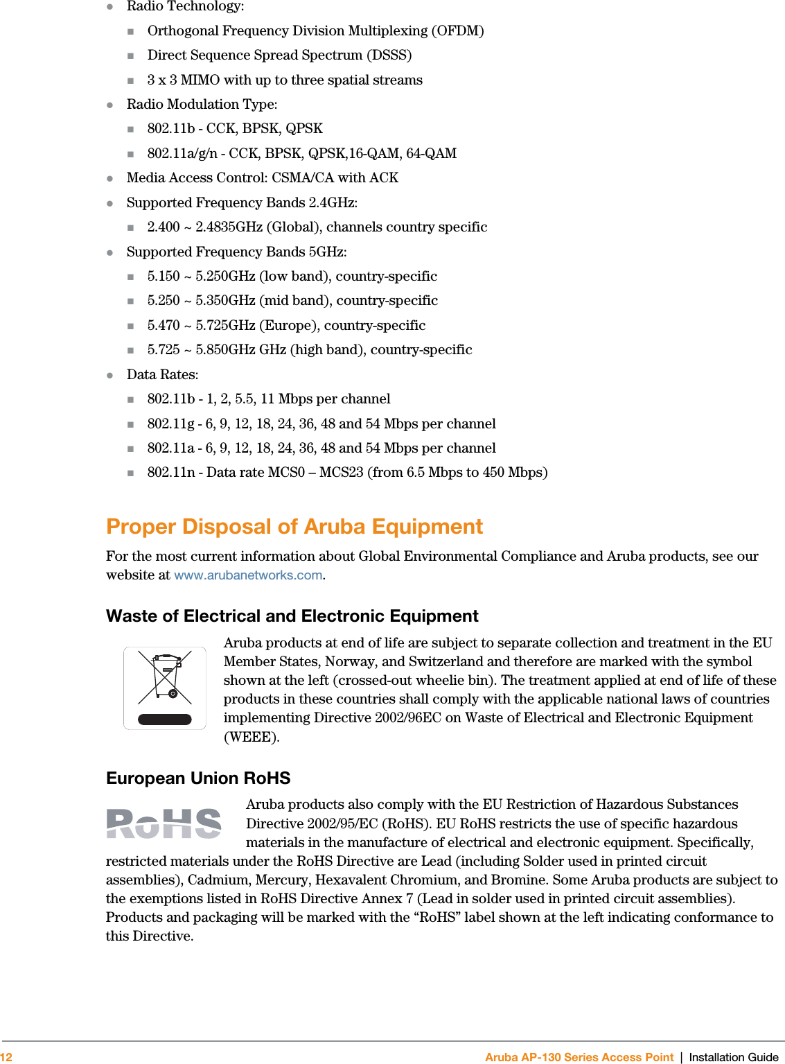Aruba Networks AP134135 IEEE 802.11 a/b/g/n Access Point User Manual ...