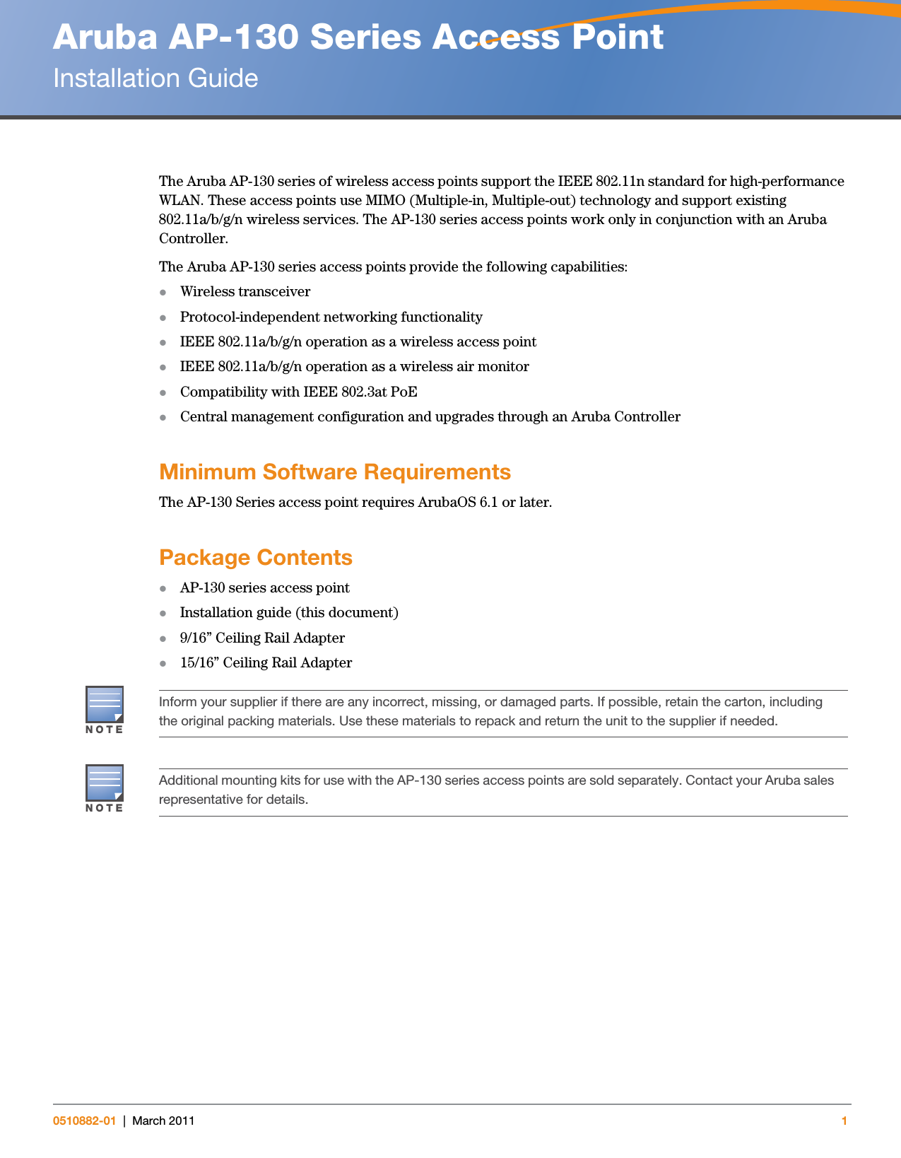 Aruba Networks AP134135 IEEE 802.11a/b/g/n Access Point User Manual ...