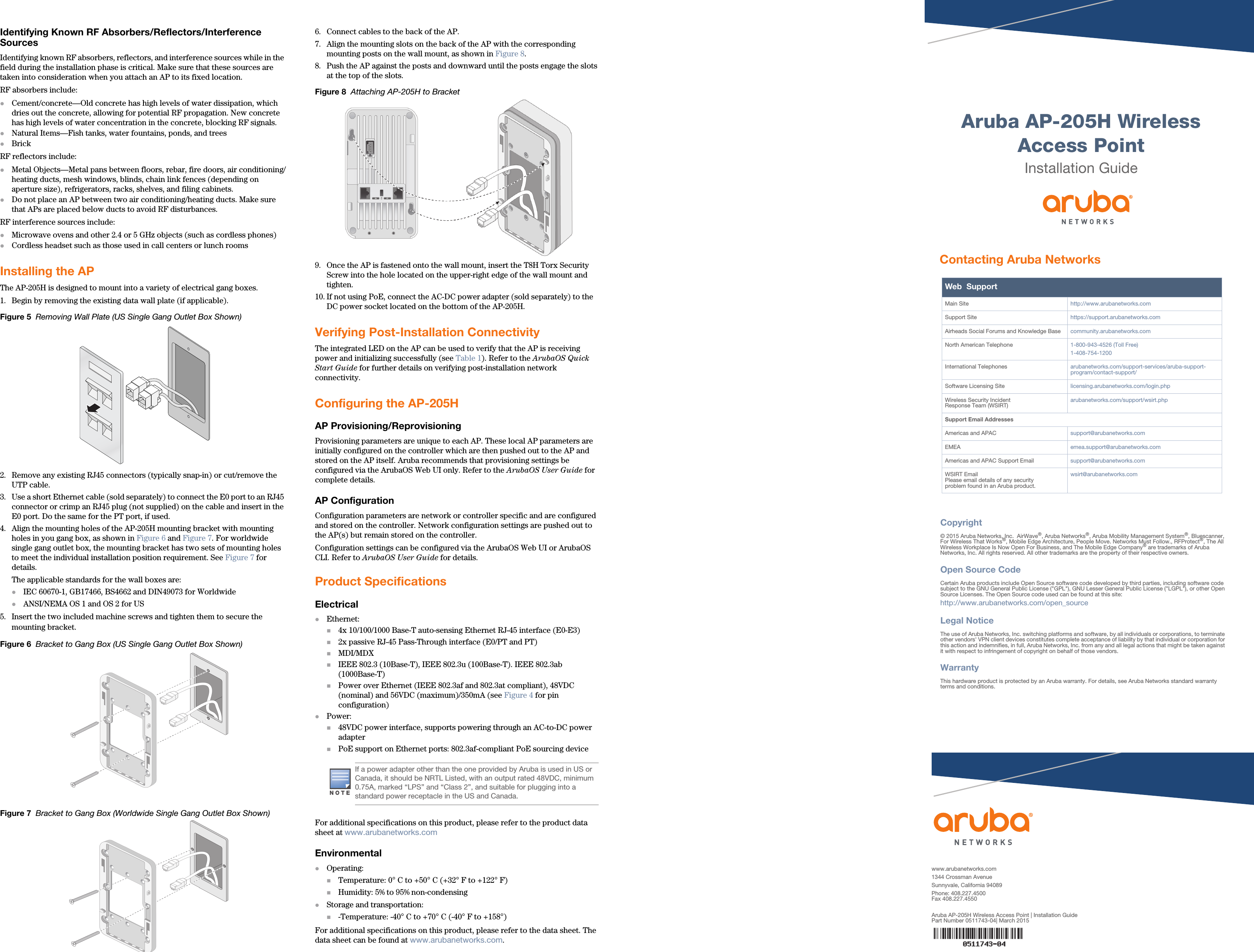 Aruba Networks APINH205 Hospitality Dual Band AP User Manual