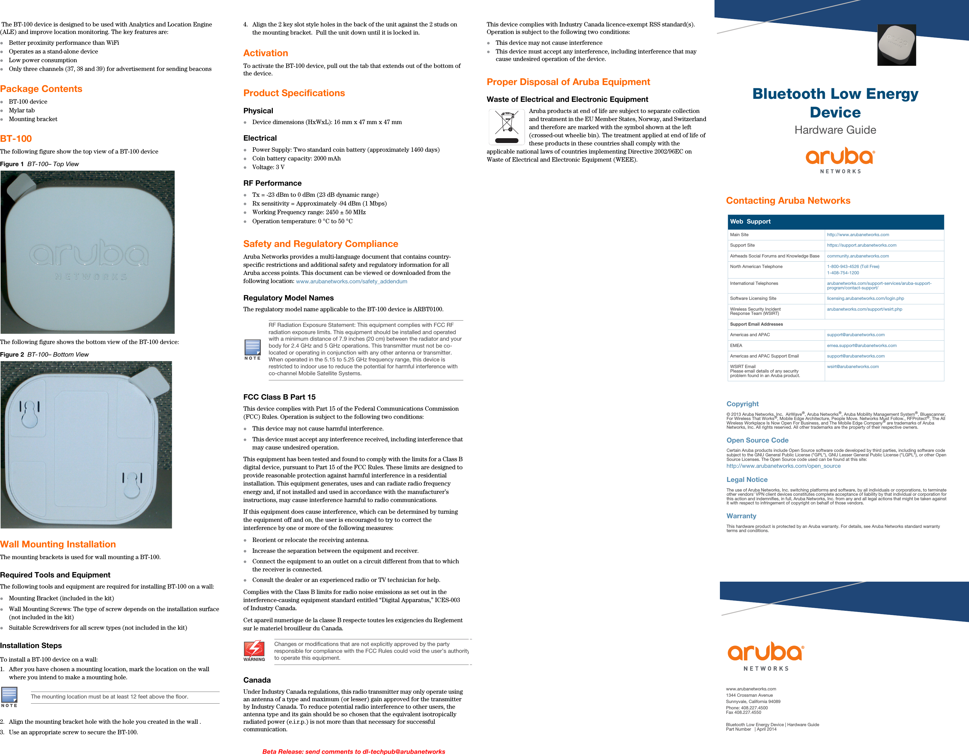 Aruba Networks BT100 BLE Location Beacon User Manual BLE