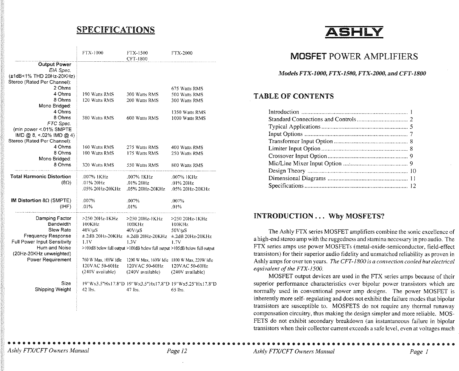 Ashly Mos Fet Power Amplifiers Cft Series Users Manual