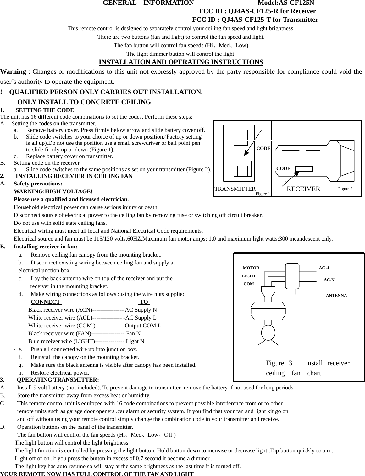 Asia Bright AS-CF125-R Remote Control for Ceiling Fan (315MHz Rx) User ...