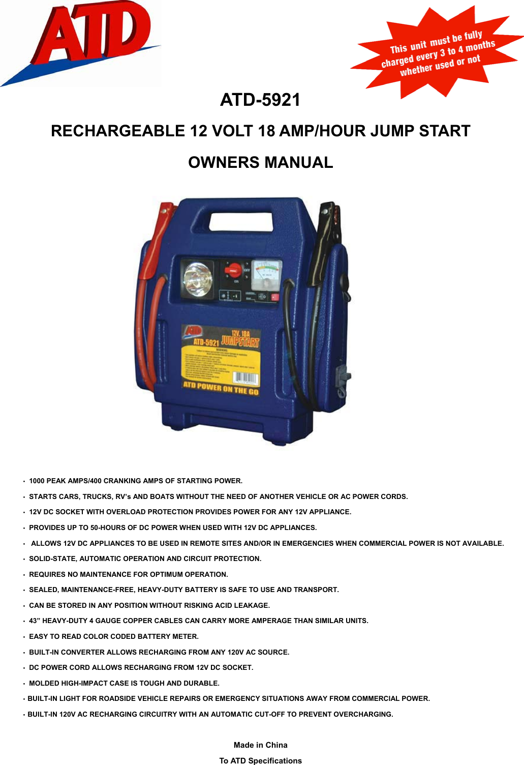 Atd Tools Automobile Battery Charger Adt 5921 Users Manual ATD5921 ...