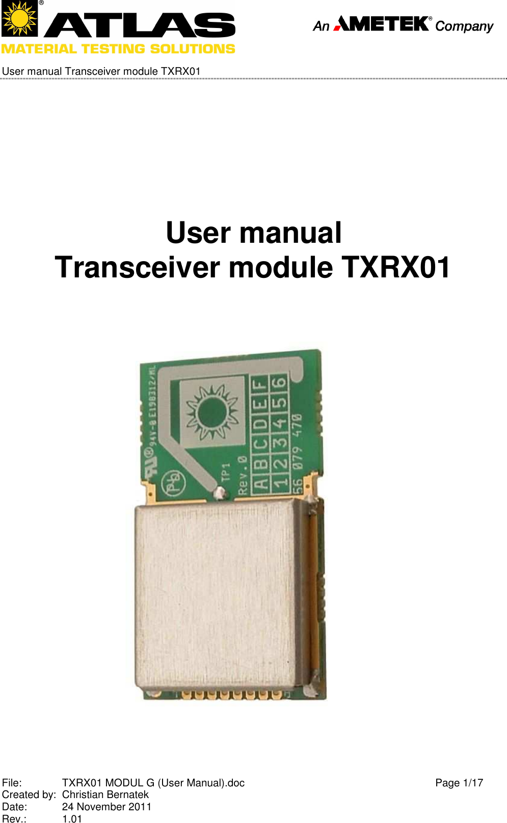 Atlas Material Testing Technology TXRX01 2.4GHz Sensor Data ...
