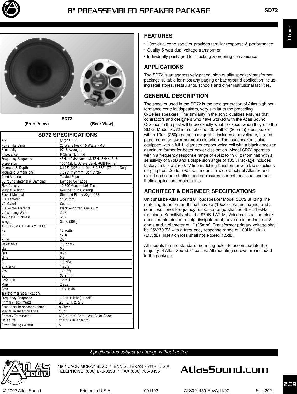 Atlas Sound Sd72 Users Manual