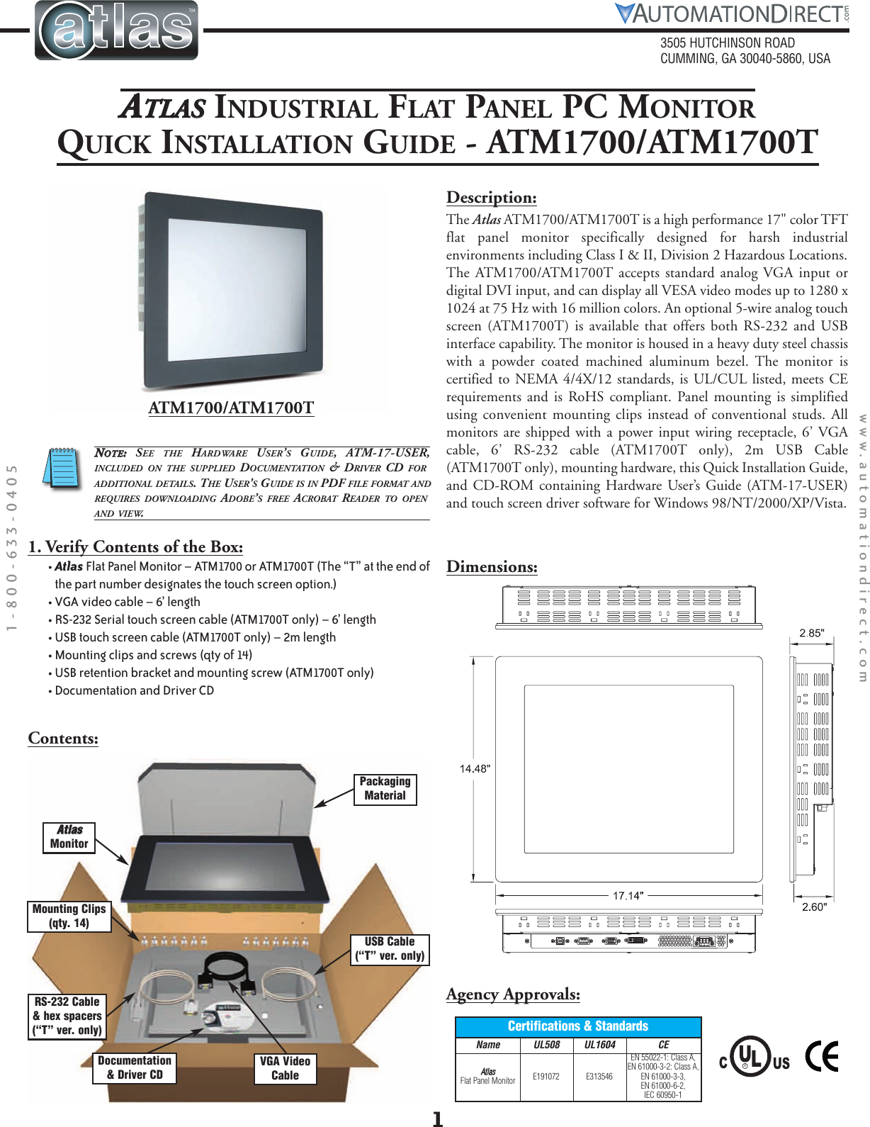 Atlas Atm1700 Users Manual Industrial Flat Panel PC Monitor 17