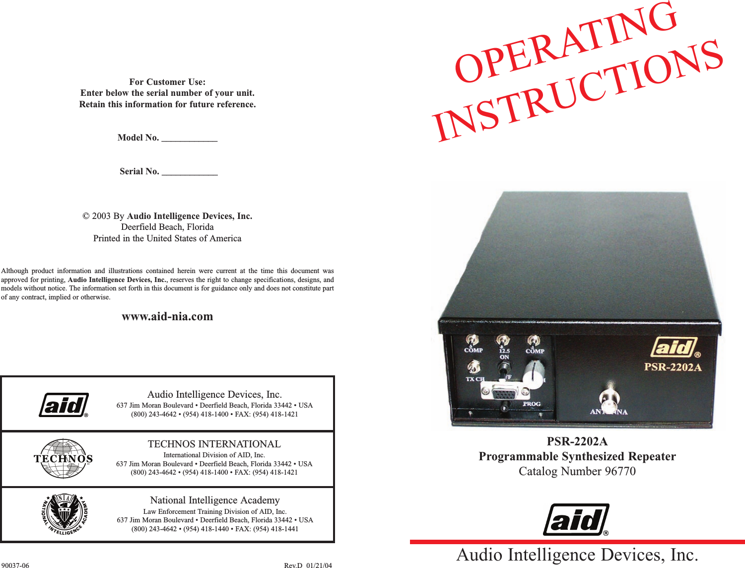 Audio Intelligence Devices 8PRPSR2202 VHF Repeater User Manual PSR ...