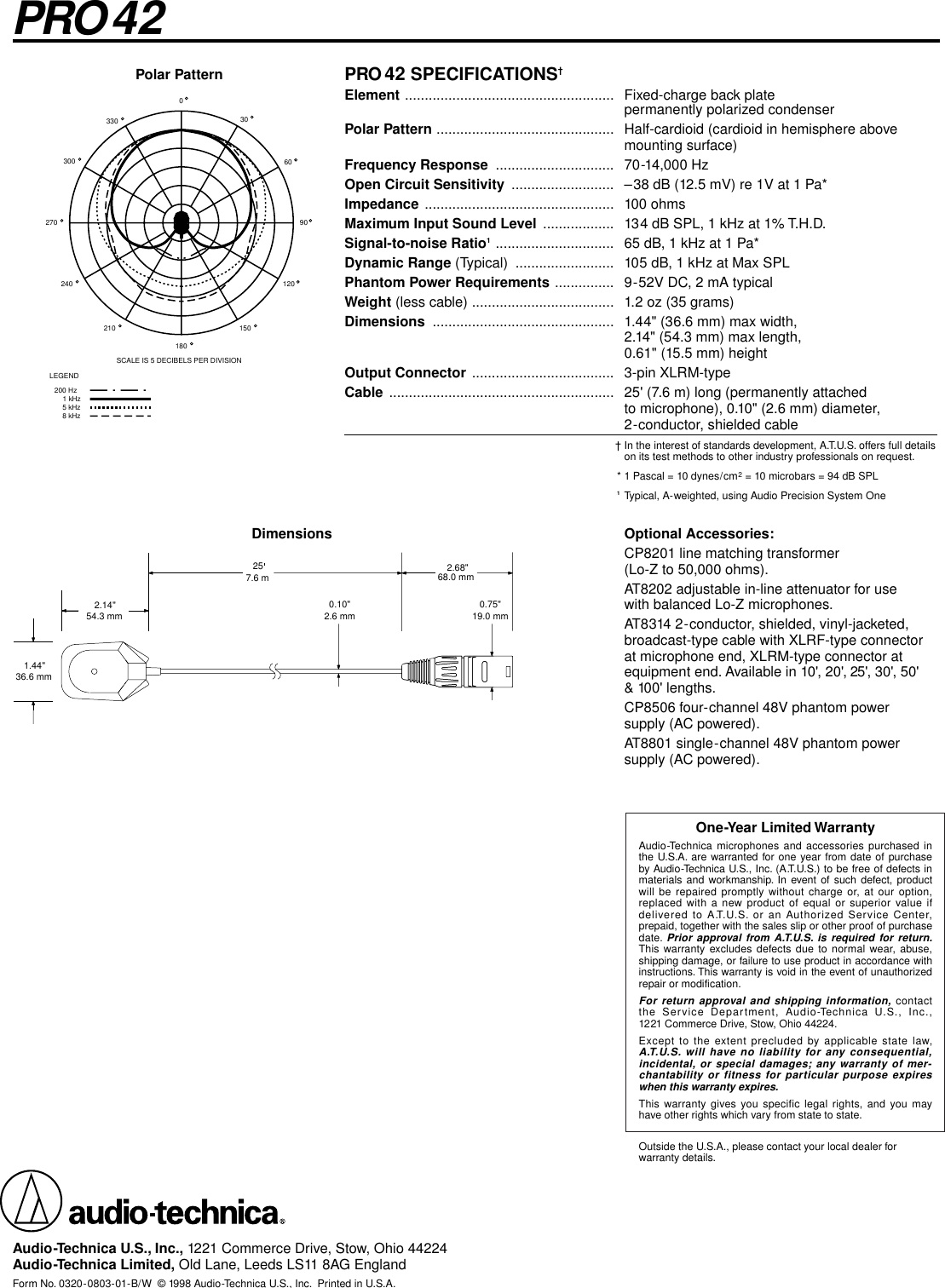 Audio Technica Pro42 Users Manual 0320 0803 01 x/PRO 42