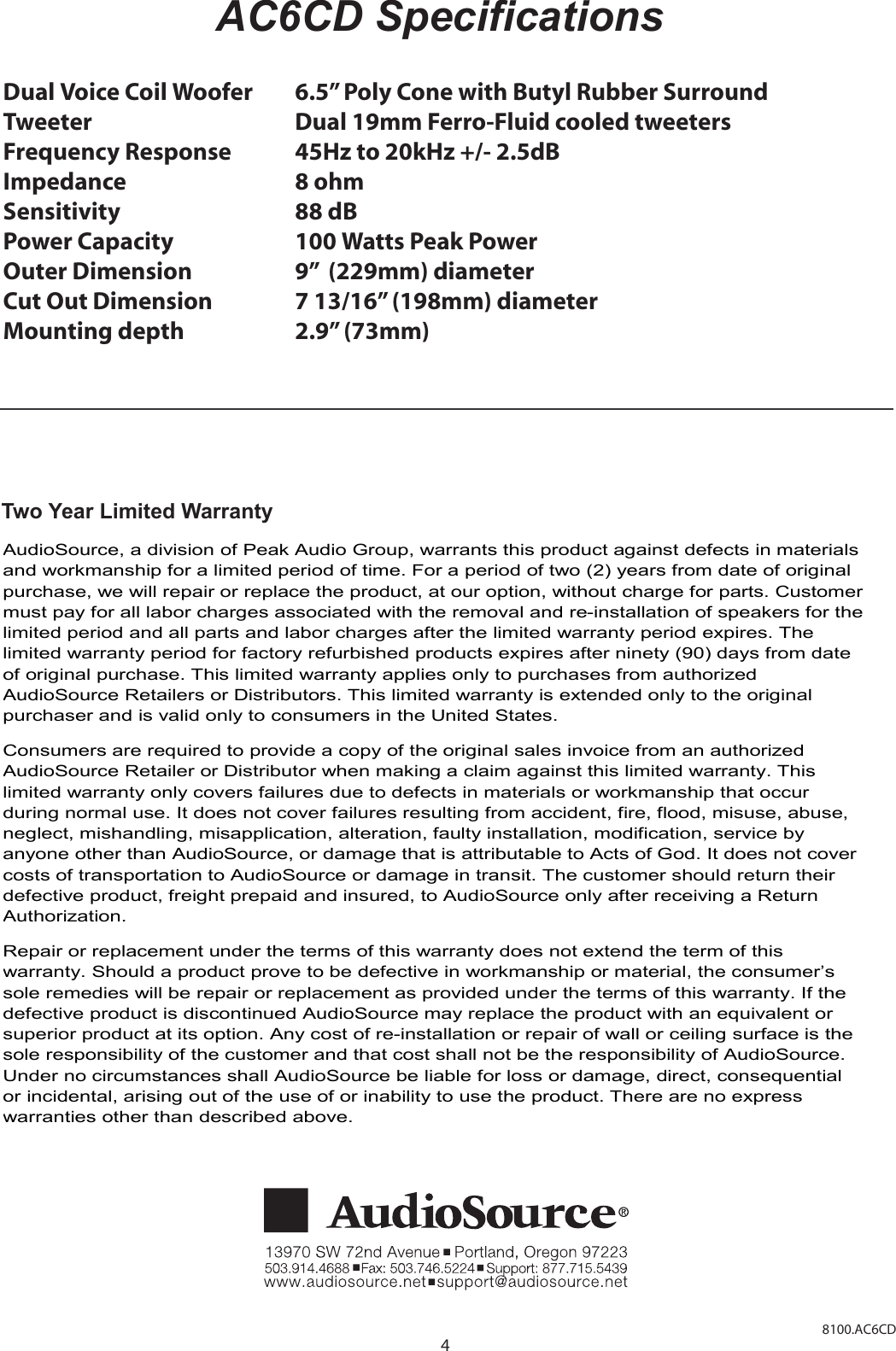 Audiosource Speaker In Ceiling System Users Manual AS7c Pg1