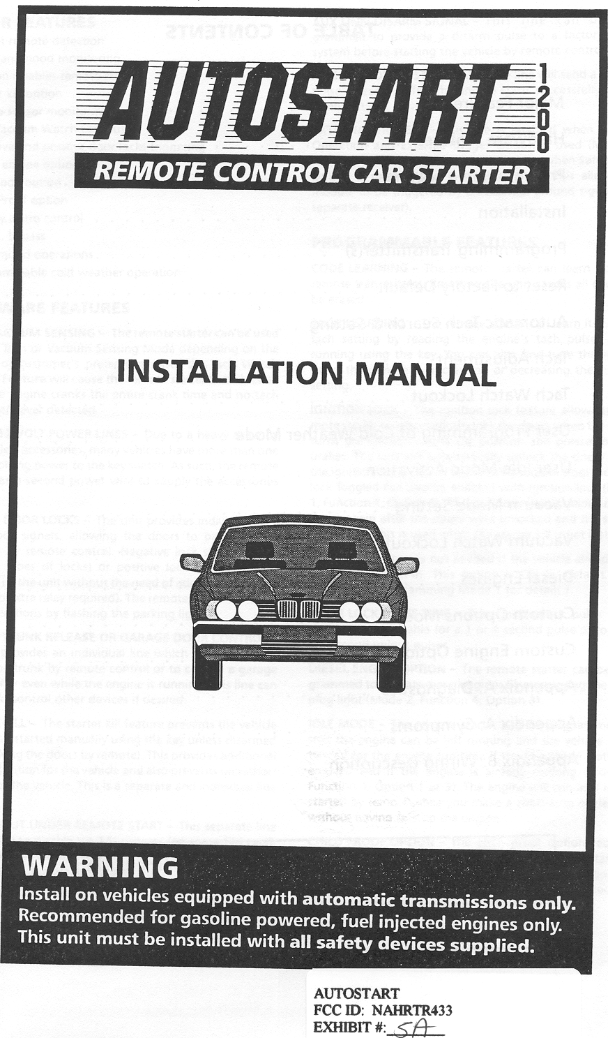 Autostart RTR433 Remote Control Car Starter User Manual