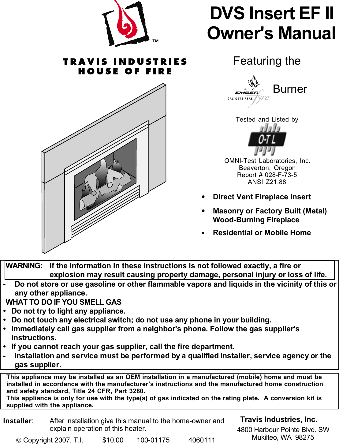 Avalon Stoves Dvs Insert Ef Ii Users Manual