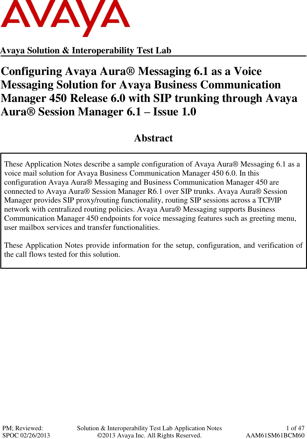 Avaya Configuring Aura Messaging 6 1 As A Voice Solution Users Manual ...