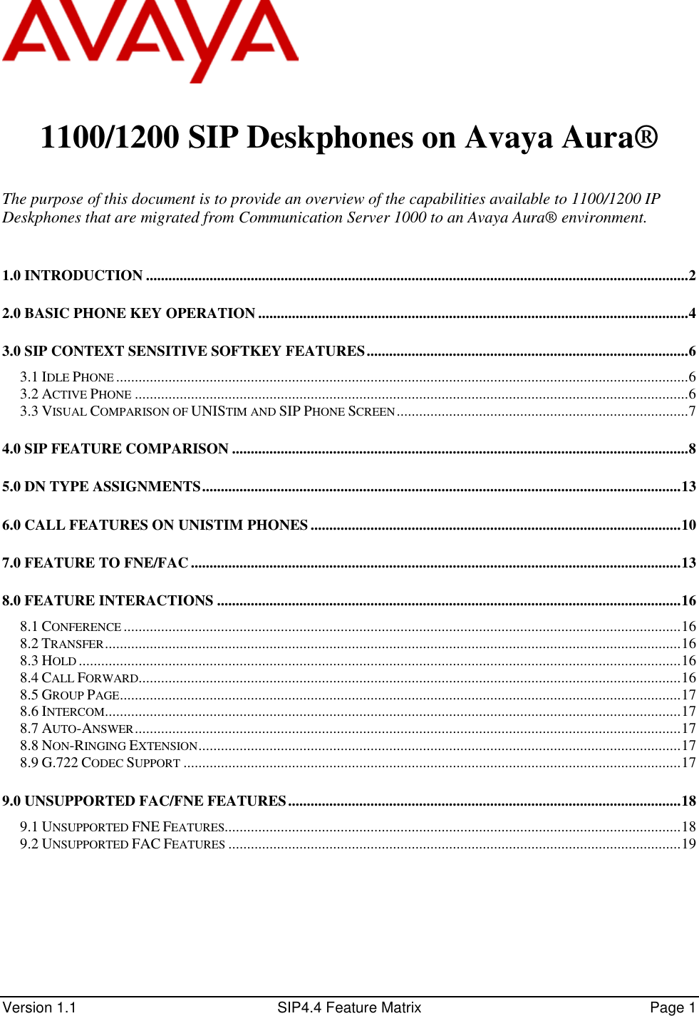 Avaya Feature Matrix For 1100 1200 Sip Deskphones Users Manual