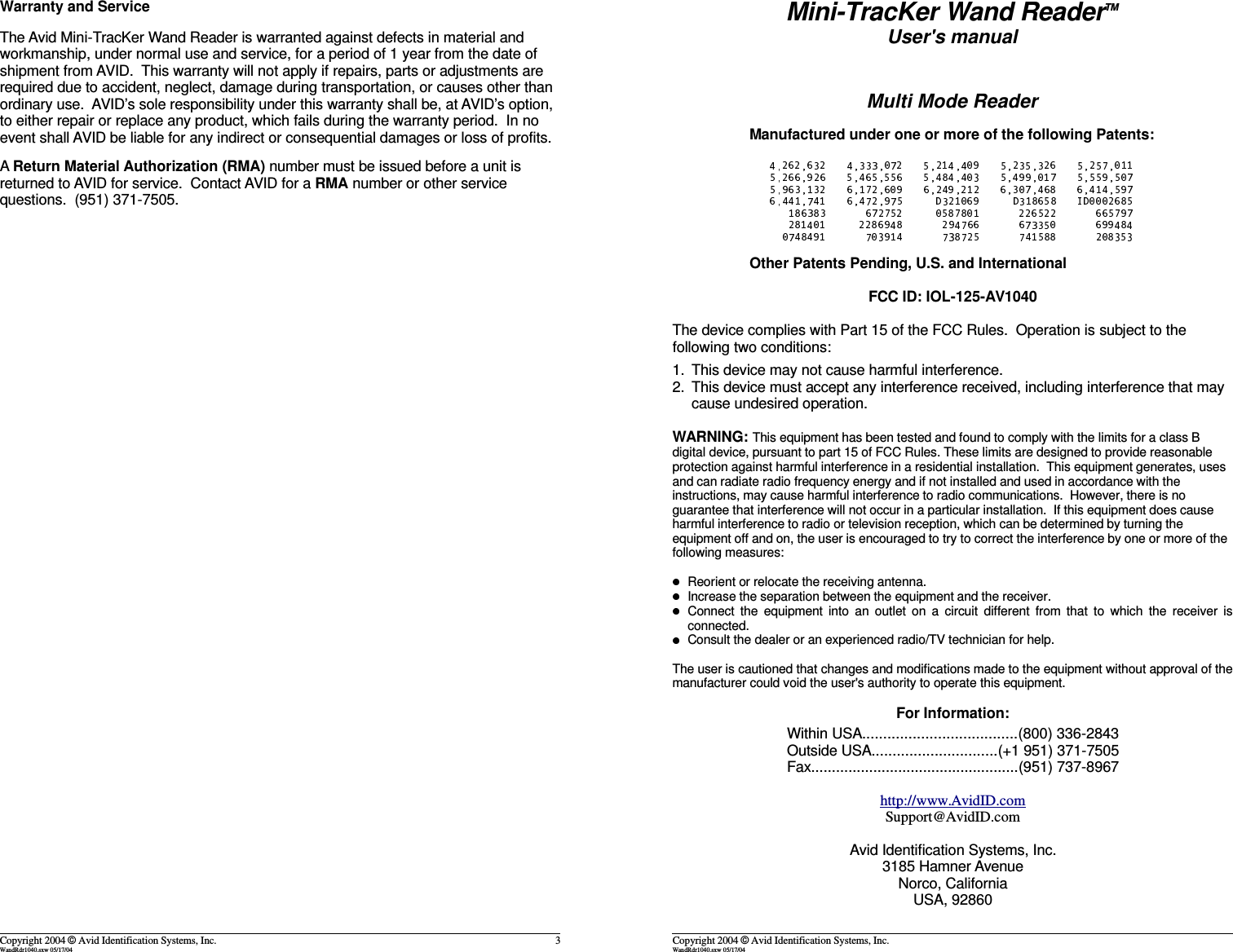 Avid Identification Systems 125-AV1040 Wand Reader User Manual