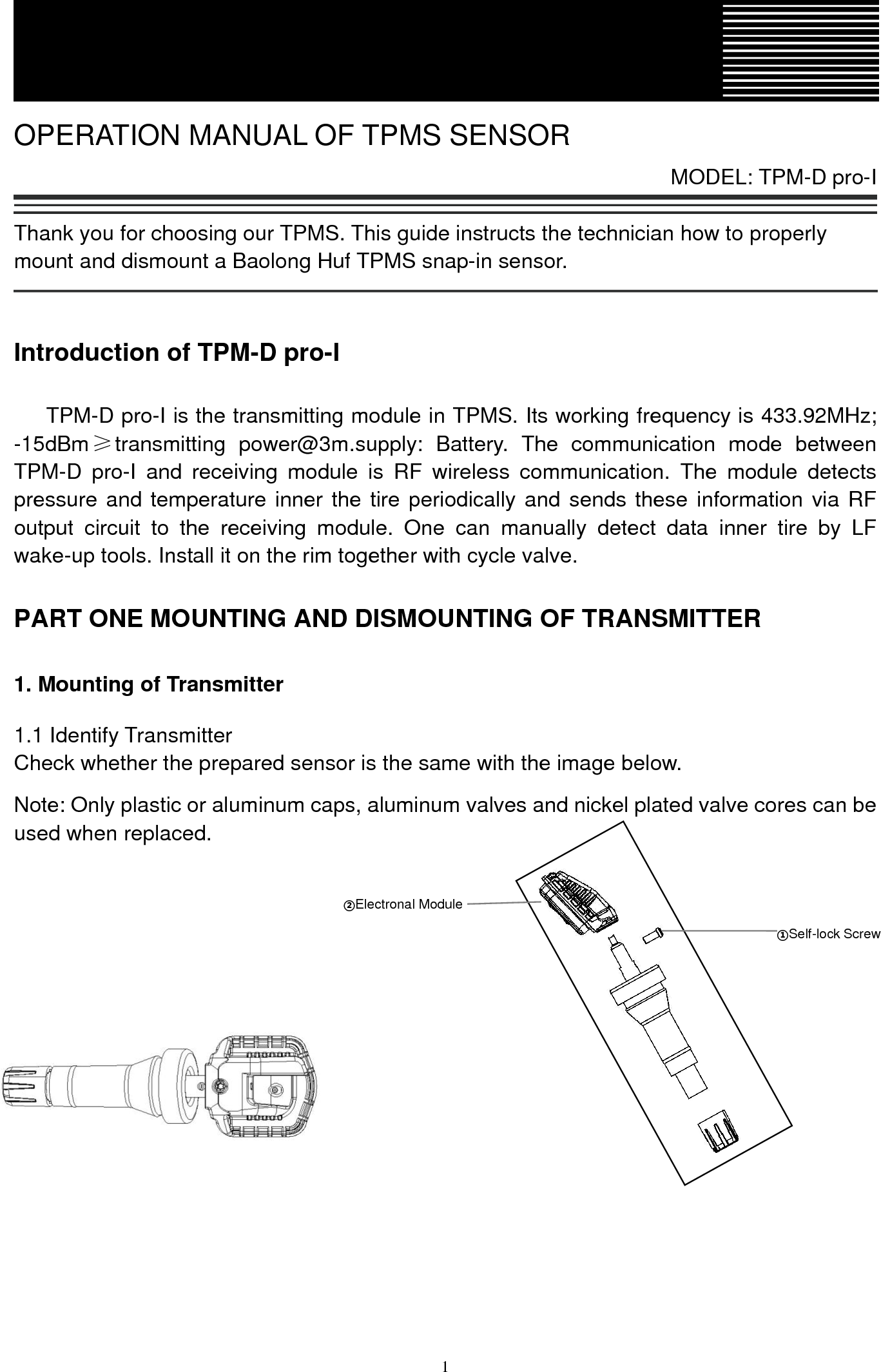 Baolong Huf Electronics Tpmdproi Tpms Sensor User Manual Tire Pressure Monitoring System