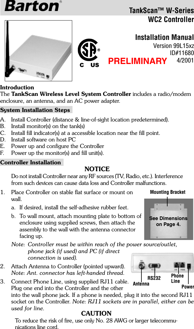 Barton Instrument Systems WC20-2040B Tankscan Controller Radio Module ...