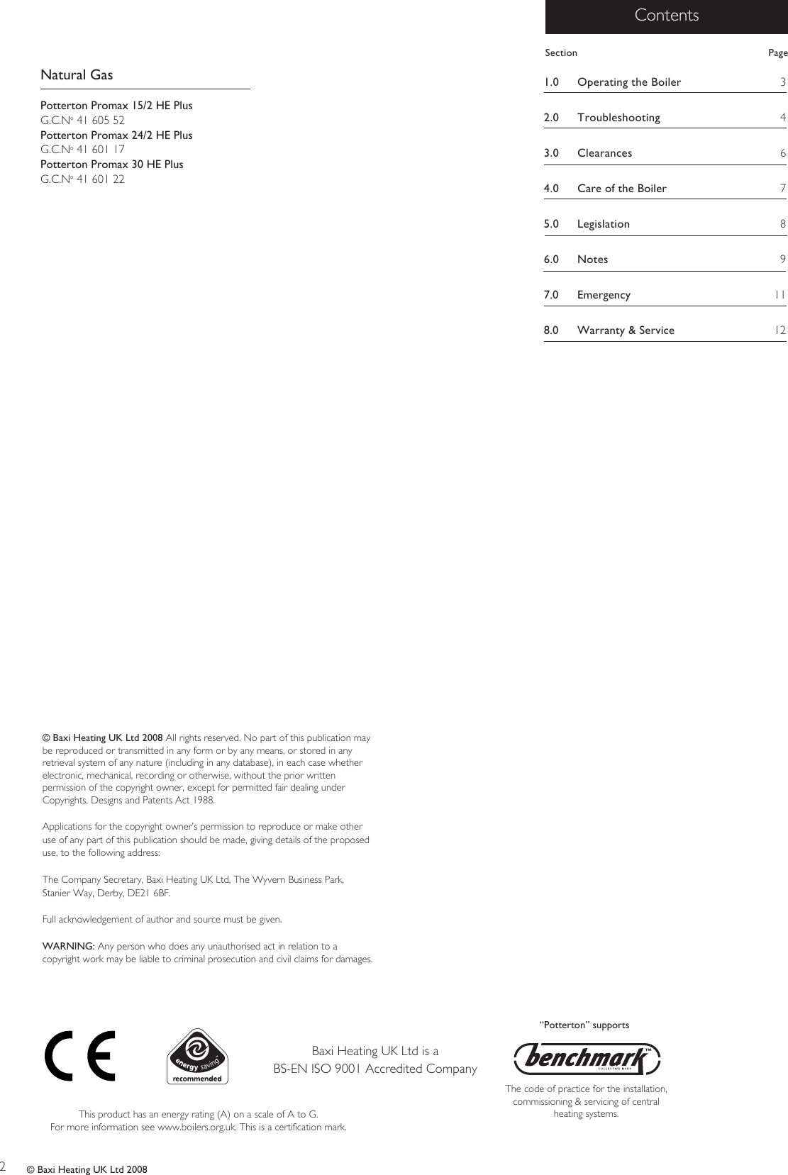 Baxi Potterton Promax 15 2 Users Manual 5113639 Operating