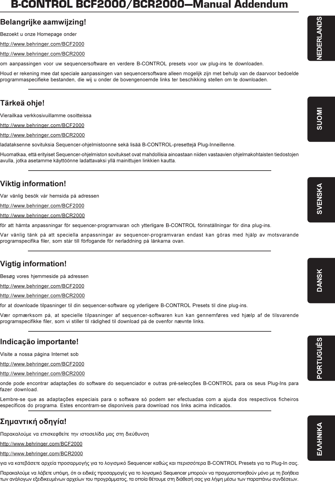 Instructions pour BEHRINGER BCF2000/BCR2000 - Anciens Et Réunions
