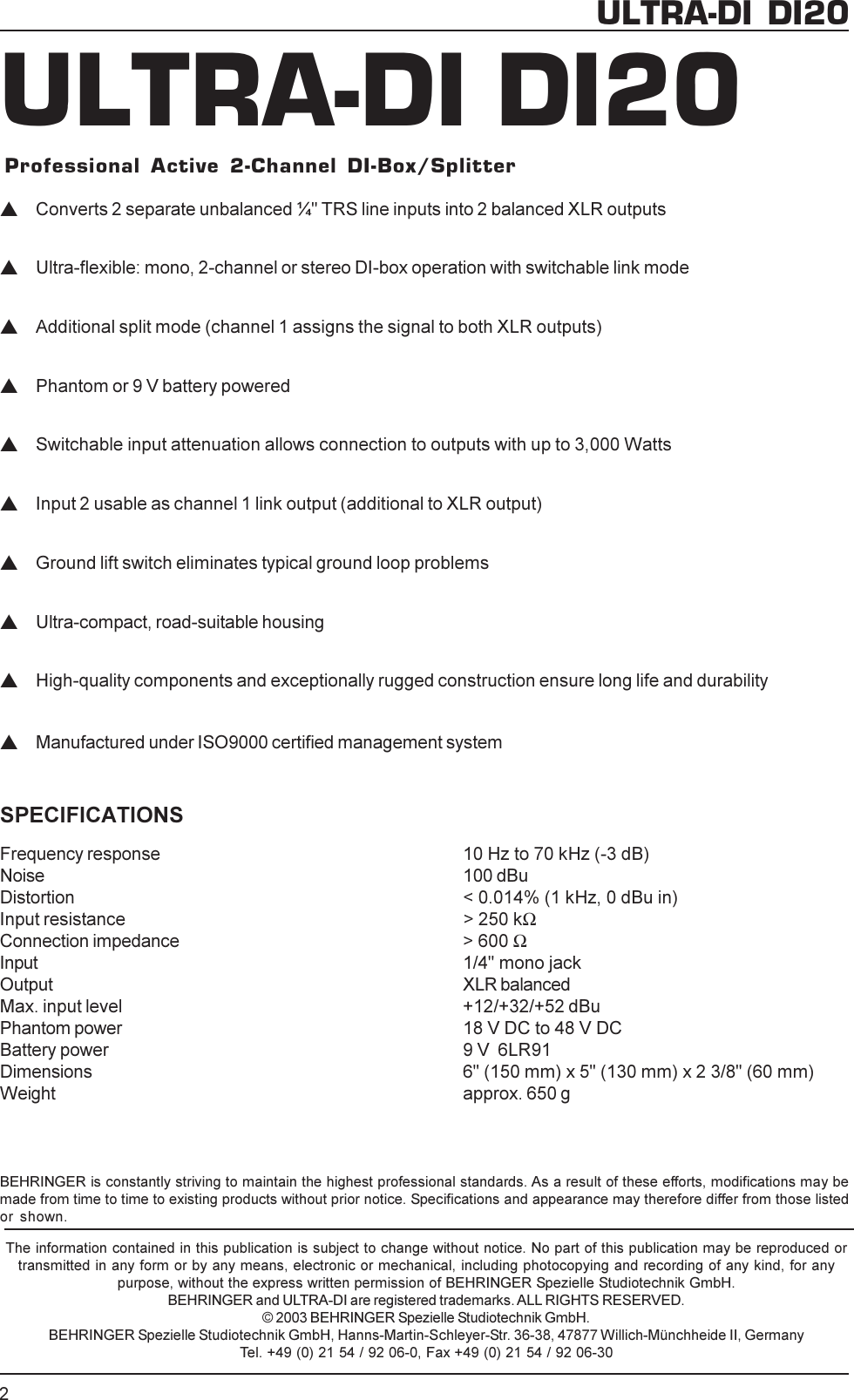 Behringer Wheelchair D120 Users Manual DI20_SPECS_Rev_B.PMD