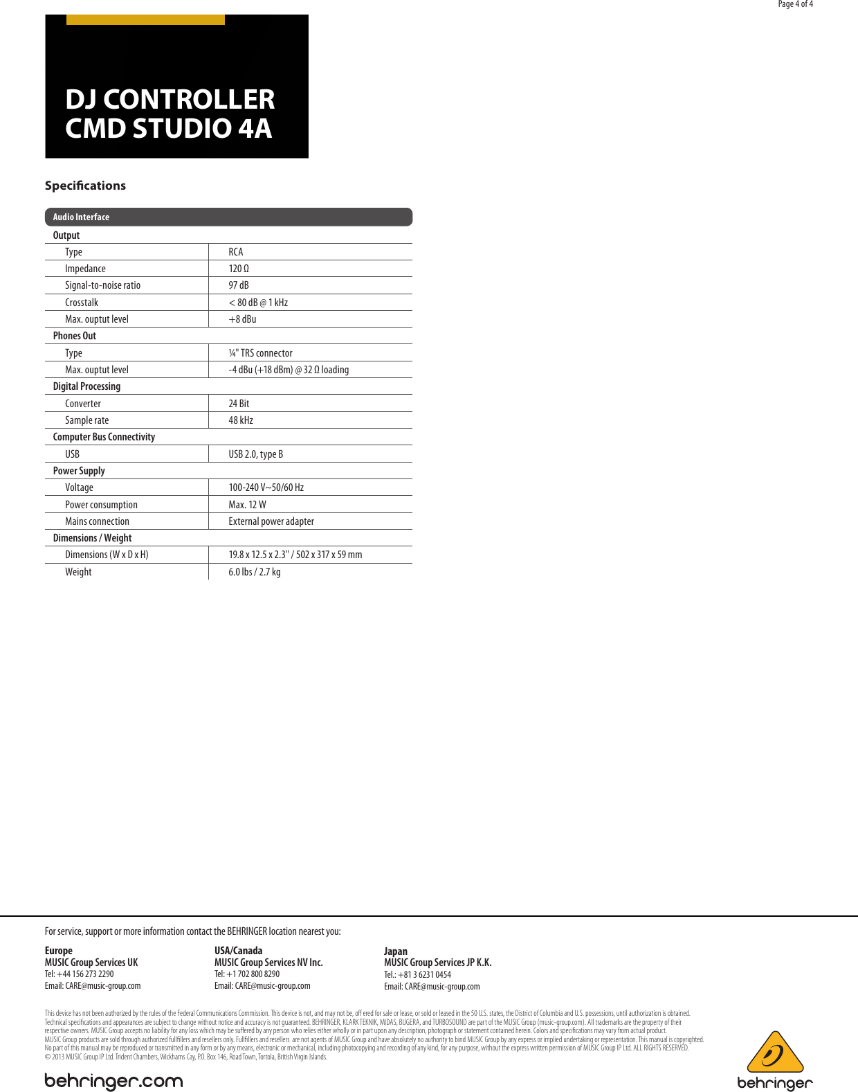 Behringer Cmd Studio 4A Brochure DJ CONTROLLER