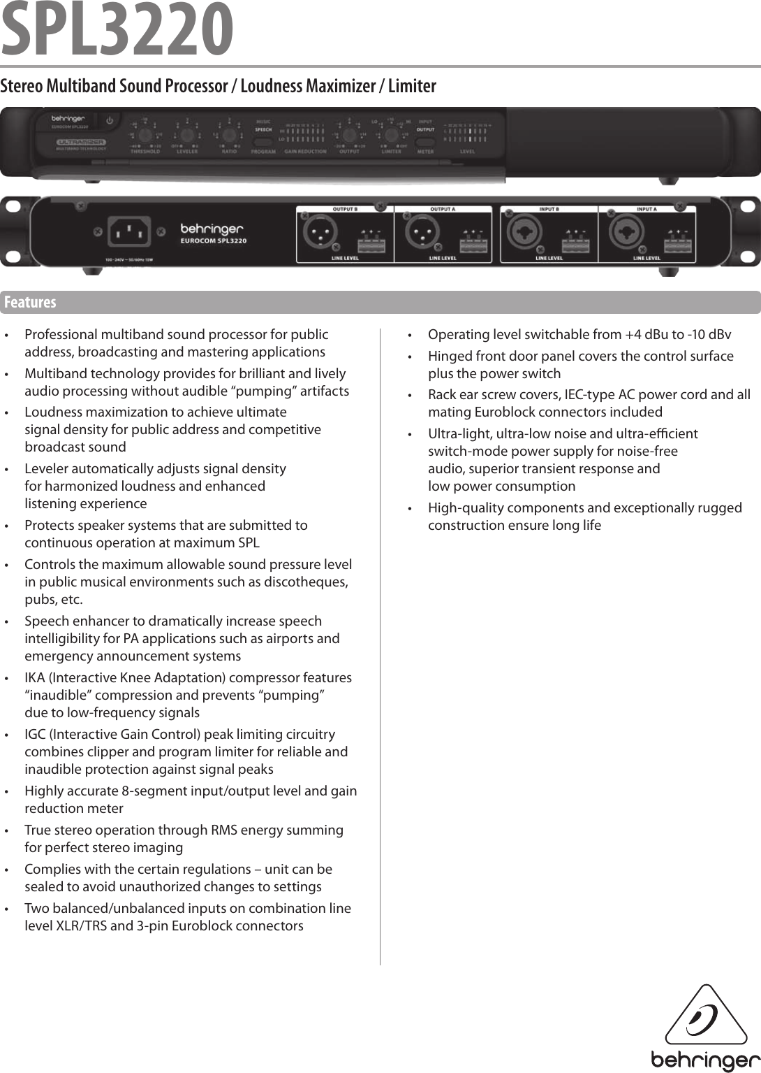 Behringer Multiband Dynamics Processor Spl3220 Specification Sheet