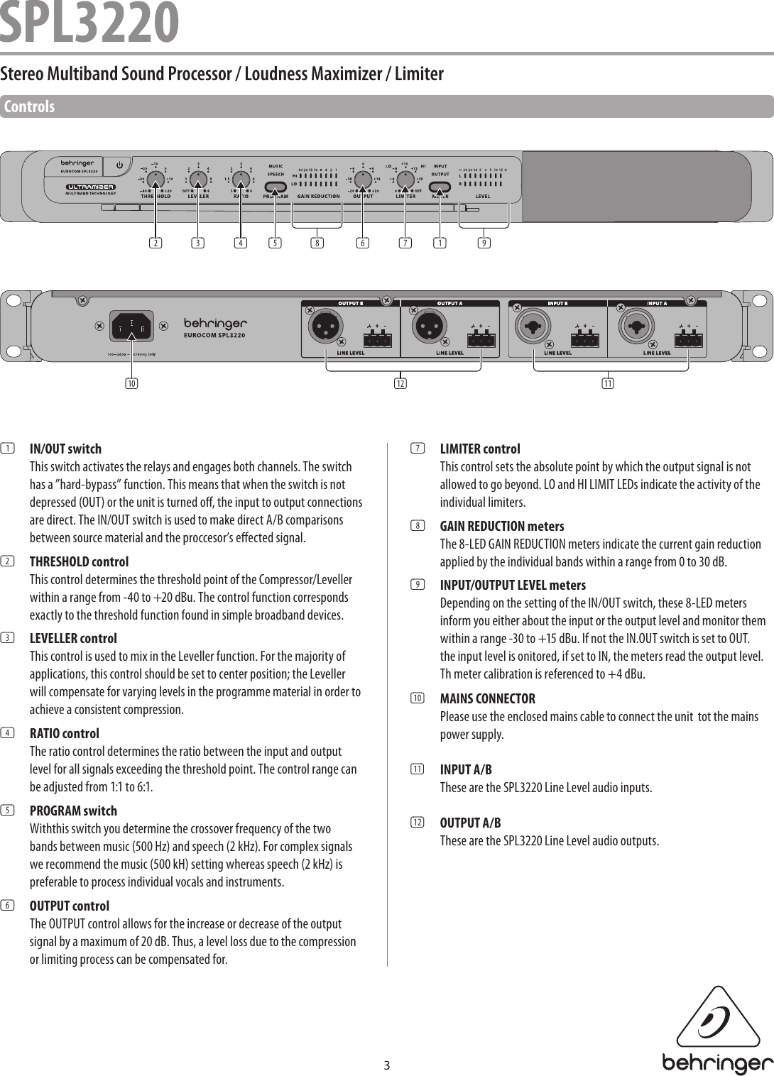 Behringer Multiband Dynamics Processor Spl3220 Specification Sheet