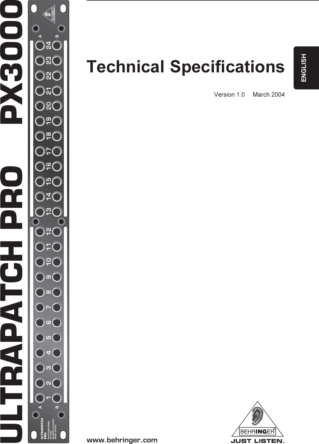 Behringer Ultrapatch Pro Px3000 Specification Sheet PX3000_Specs_Rev_A.pmd