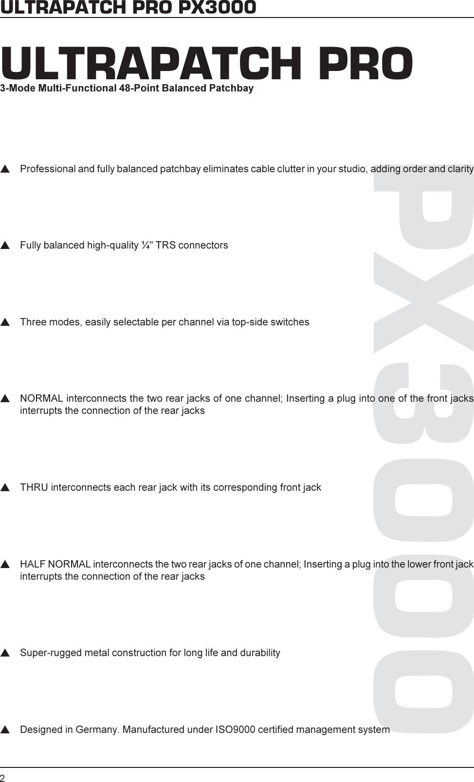 Behringer Ultrapatch Pro Px3000 Specification Sheet PX3000_Specs_Rev_A.pmd