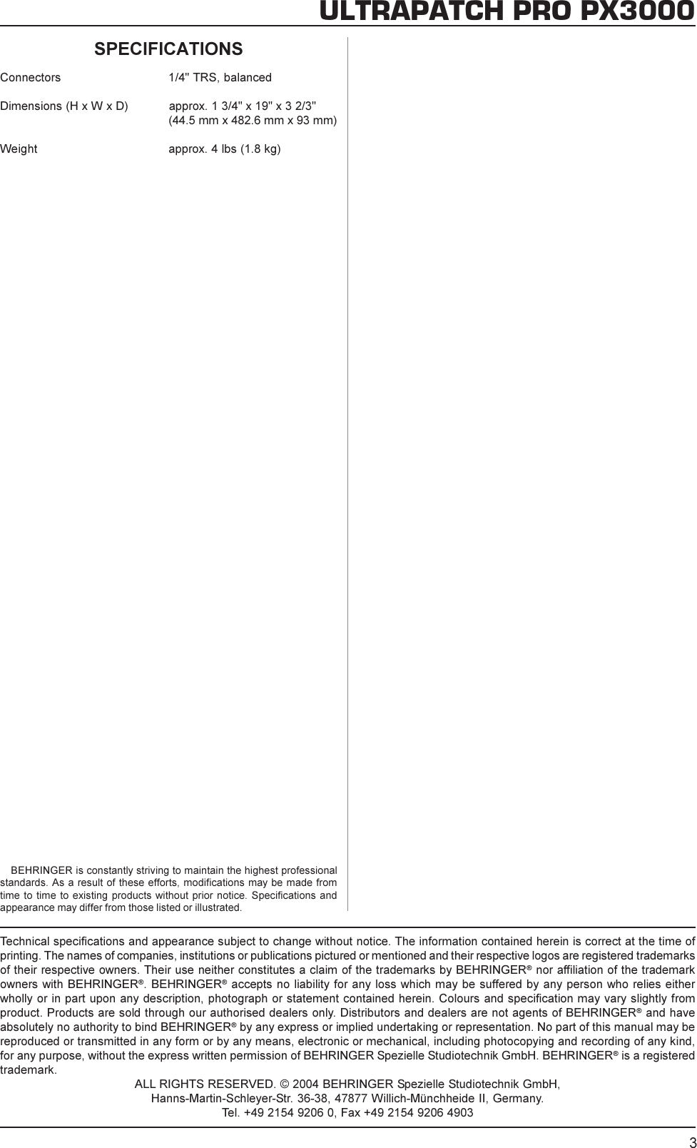 Behringer Ultrapatch Pro Px3000 Specification Sheet PX3000_Specs_Rev_A.pmd