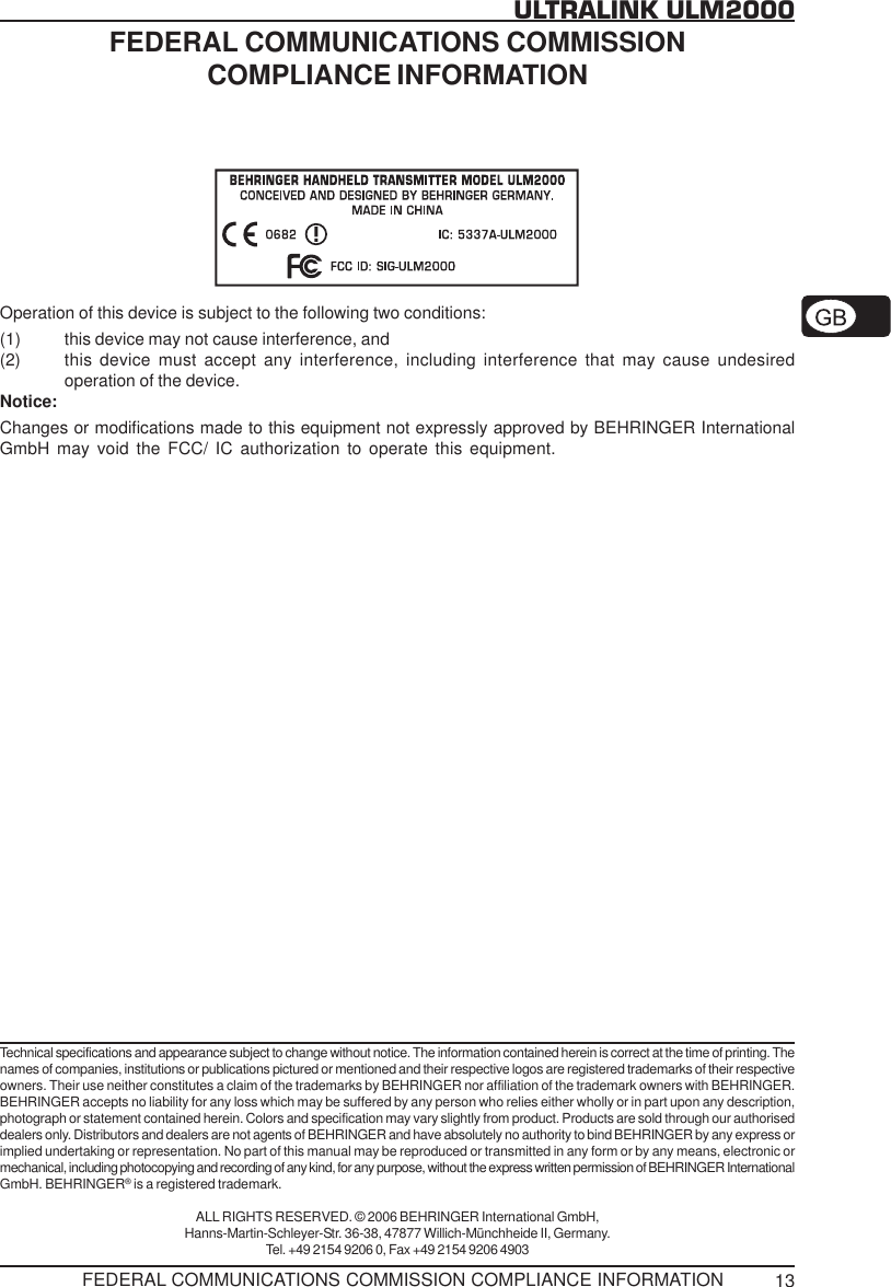 Behringer ULM2000 Handheld microphone User Manual DATA MANFULL ULM2000 ...
