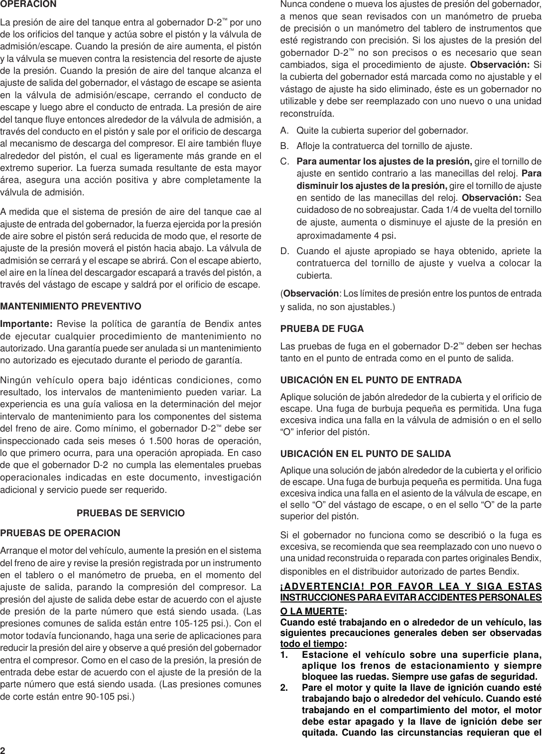 Bendix Bw1425S Users Manual SD 01 503S