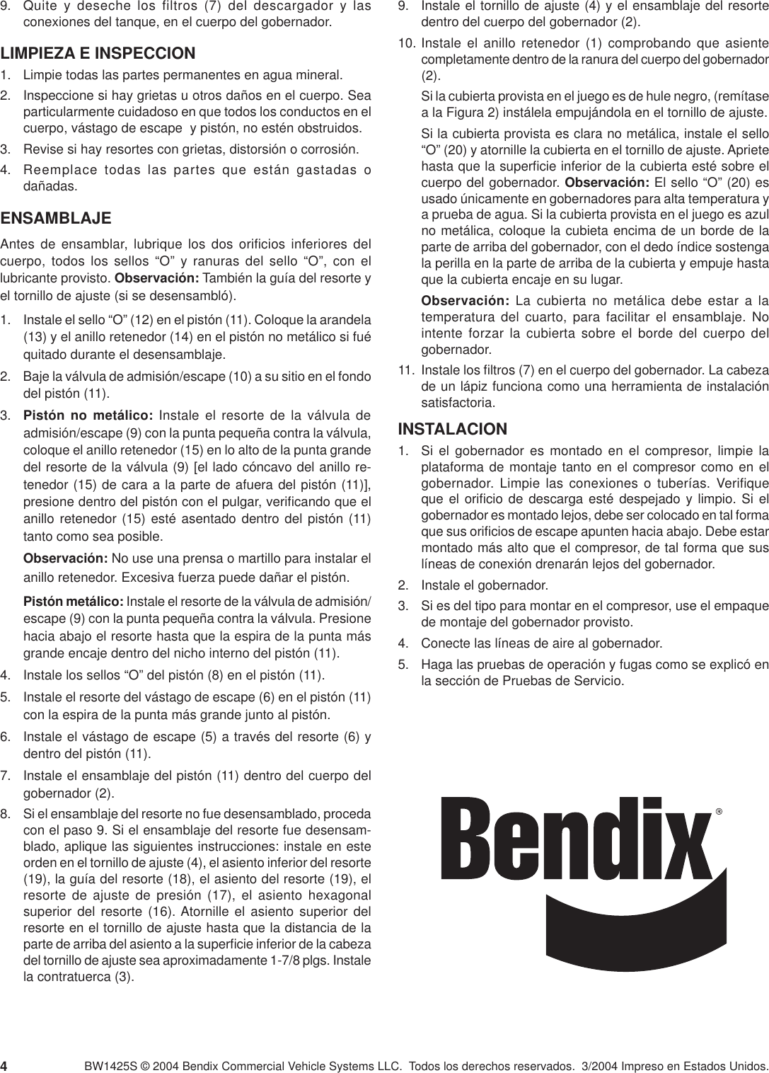 Bendix Bw1425S Users Manual SD 01 503S