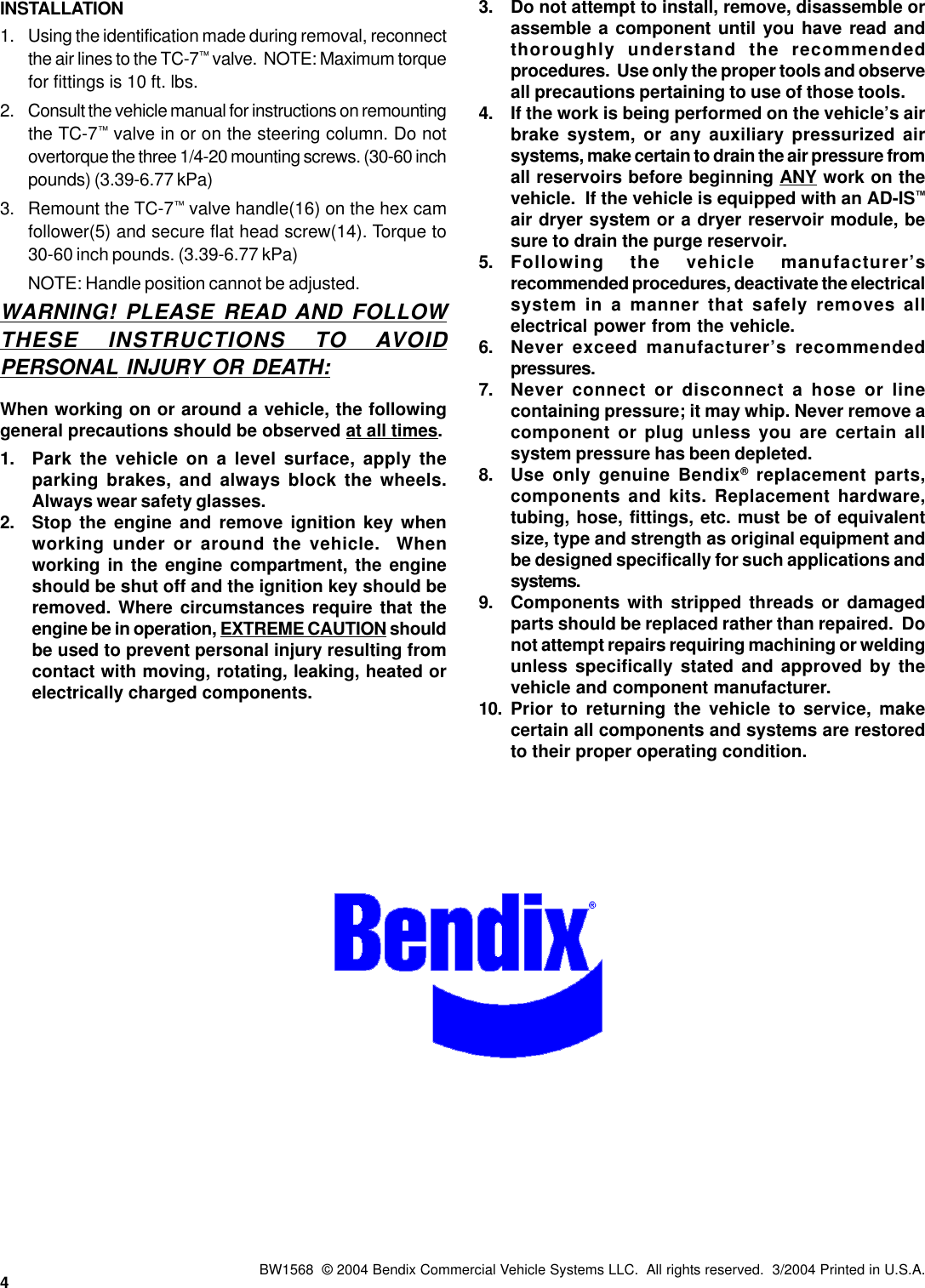 Bendix Bw1568 Users Manual Sd03 824