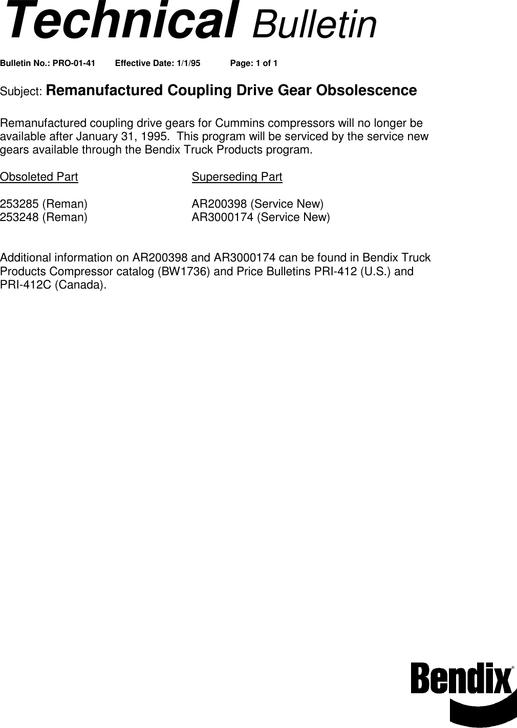 Bendix Tch 001 041 Users Manual Technical Bulletin