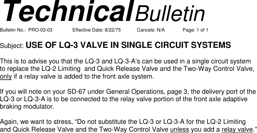 Bendix Tch 003 Users Manual Technical Bulletin