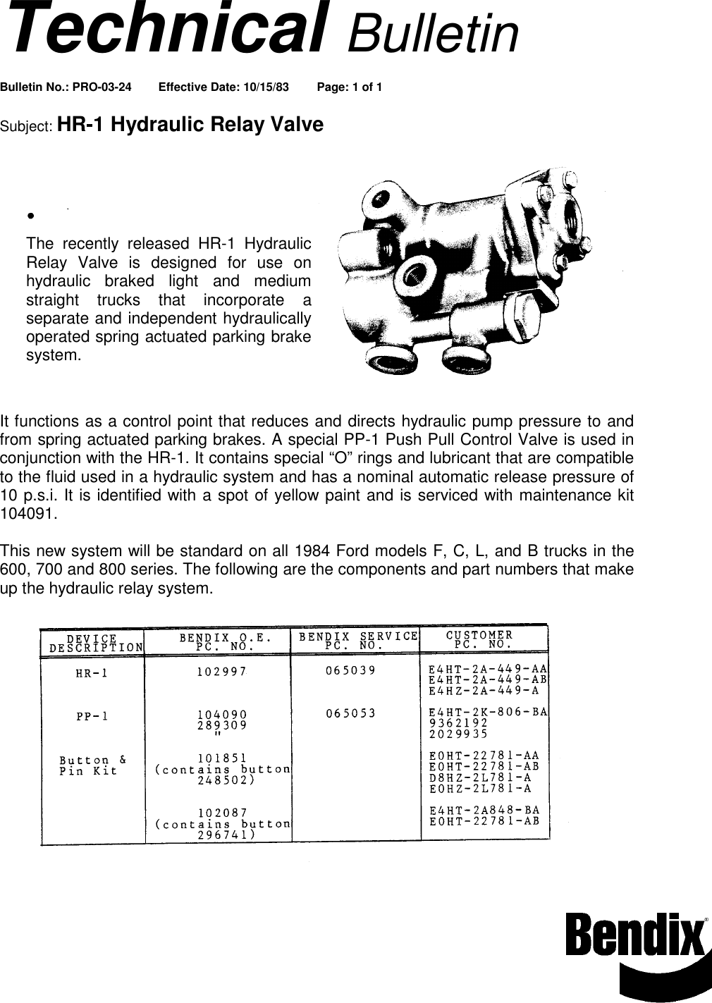 Bendix Tch 003 024 Users Manual Technical Bulletin