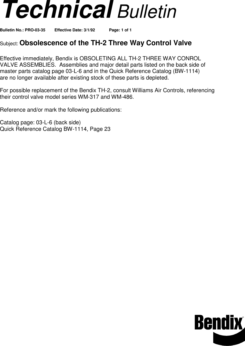 Bendix Tch 003 035 Users Manual Technical Bulletin