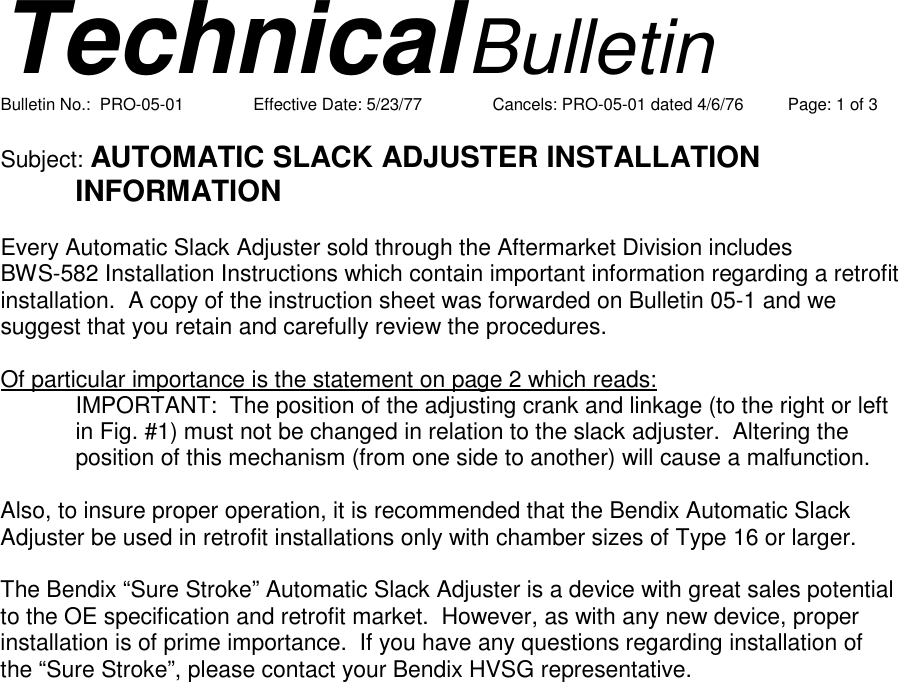 Bendix Tch 005 001 Users Manual Technical Bulletin