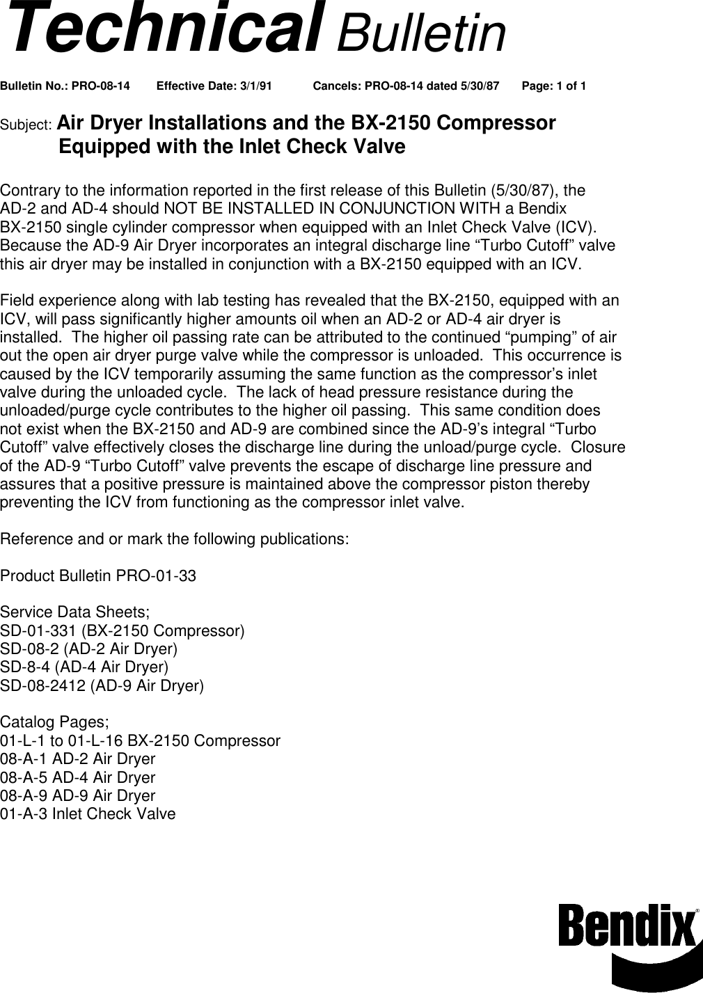 Bendix Tch 008 014 Users Manual Technical Bulletin