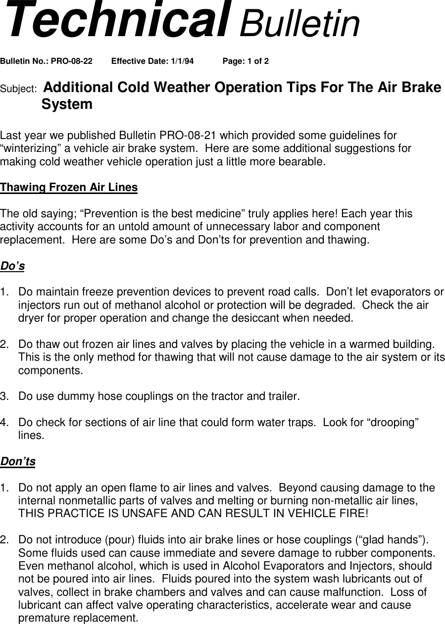 Bendix Tch 008 022 Users Manual Technical Bulletin
