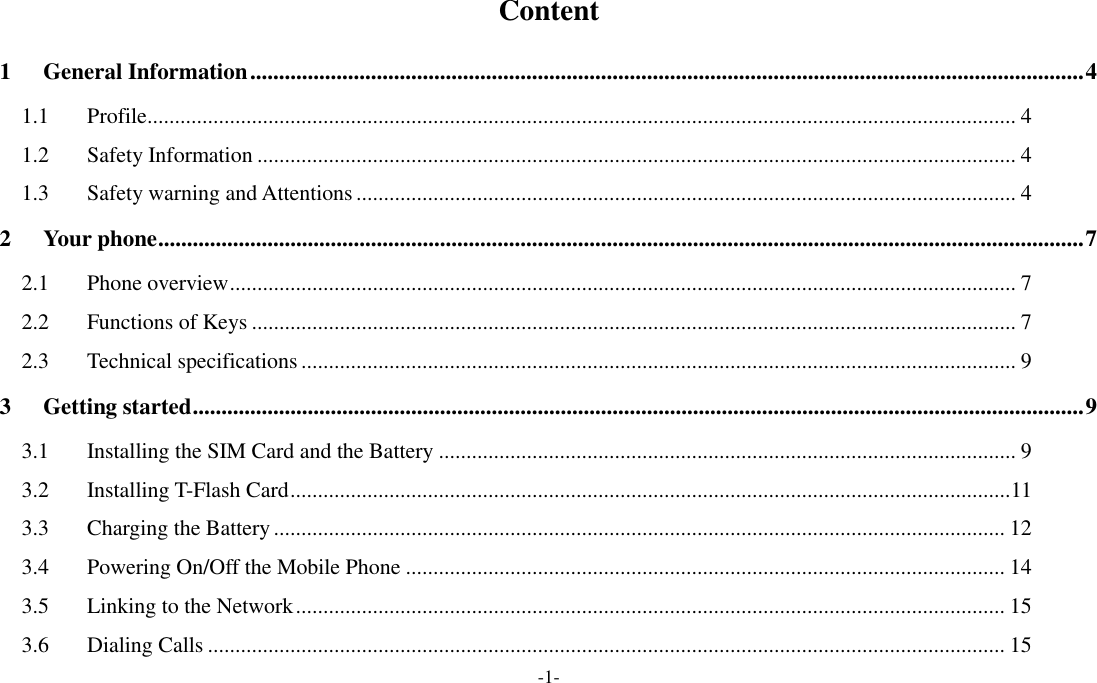 Bess Mobile M900T Mobile Phone User Manual Content
