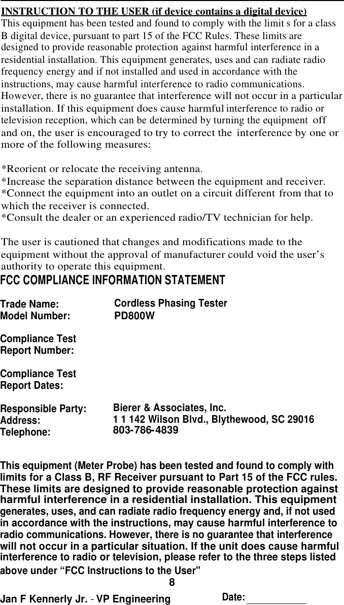 Bierer and Associates PD800 Cordless Phasing Tester User Manual PD800W ...