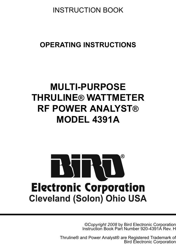 Bird Brain 4391A Users Manual Multi purpose Thruline Wattmeter RF Power ...